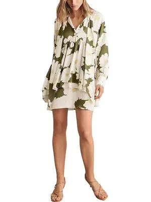 REISS Neva Floral Print Swing Dress - Ivory/green
