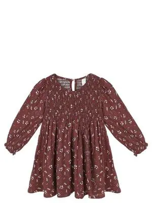 RYLEE + CRU Floral Long Sleeve Smocked Dress - Burgundy