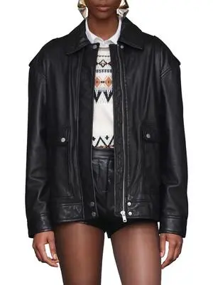 Avec Les Filles Leather Bomber Jacket - Black
