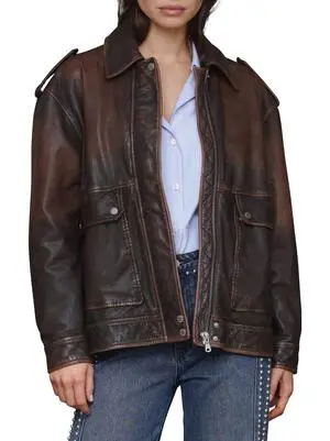 Avec Les Filles Leather Bomber Jacket - Burnished Brown