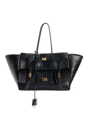 Balenciaga Medium Bel Air Croc-embossed Leather Tote - 1000 Black