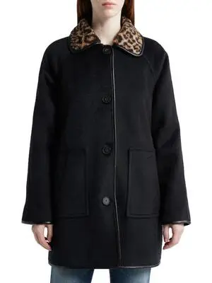 Bernardo Leopard Print Collar Felt Coat - Black /leopard Print