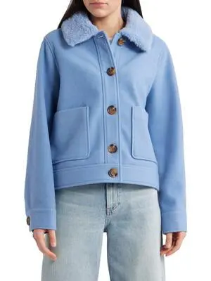 Sam Edelman Crop Jacket With Faux Shearling Collar - Sky Blue