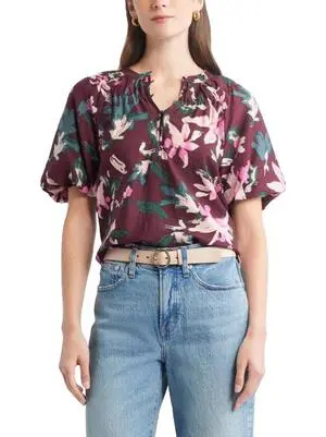 Caslon Puff Sleeve Floral Top Burgundy- Pink Lucy Floral