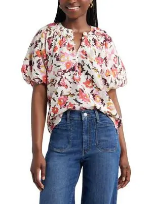 Caslon Puff Sleeve Floral Top Ivory Pristine Ophelia Floral