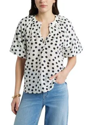 Caslon Puff Sleeve Floral Top Ivory- Navy Annie Dot