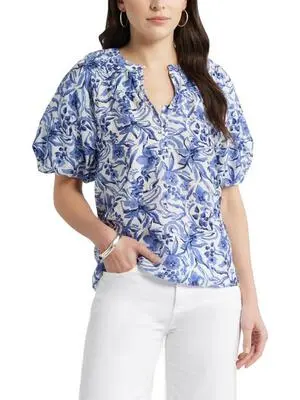 Caslon Puff Sleeve Floral Top Ivory- Navy Daisy Garden