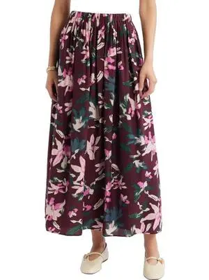 Caslon Printed Pleated Maxi Skirt Burgundy- Pink Lucy Floral