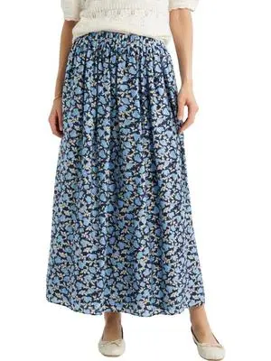 Caslon Printed Pleated Maxi Skirt Navy- Blue Lindy Floral