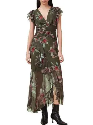 ALLSAINTS Orchid Print Asymmetric Dress - Adena Khaki Green