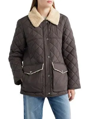 Sam Edelman Quilted Twill Jacket With Faux Shearling Collar - Brown/black Denim