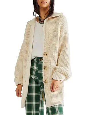 Free People Ribbed Knit Oversized Cardigan - Birch