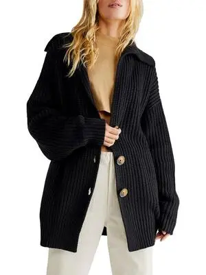 Free People Ribbed Knit Oversized Cardigan - Black