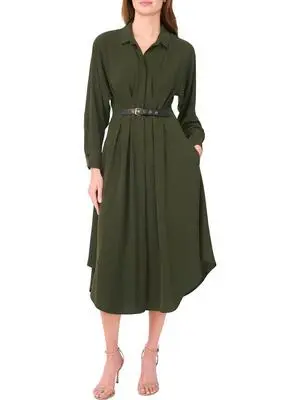 Halogen Pleated Long Sleeve Belted Waist Midi Shirtdress - Kombu Green
