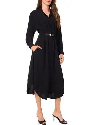 Halogen Pleated Long Sleeve Belted Waist Midi Shirtdress - Rich Black 060