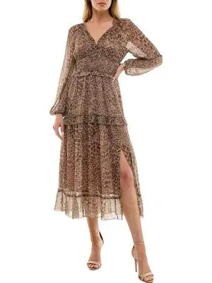 SOCIALITE Long Sleeve Ruffle Chiffon Midi Dress - Taupe/brown