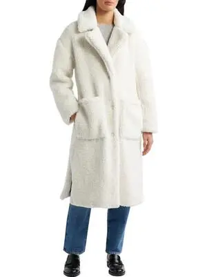 Bcbgmaxazria Notch Collar Faux Shearling Long Coat - Cream