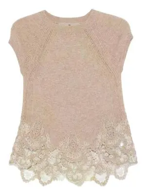 Ermanno Scervino Lace-trimmed Knit T-shirt - Brown