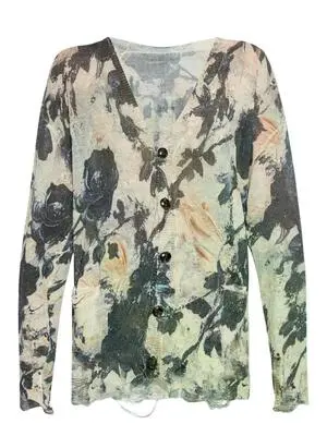 R13 Floral-print Frayed Cardigan - Black And Cream
