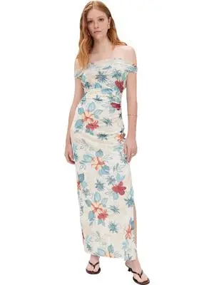 WAYF Marina Ruched Midi Dress - Blue Hibiscus