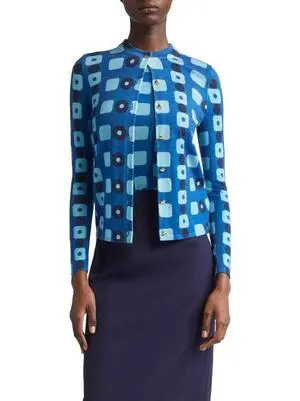 St. John Geo Print Wool Cardigan - Cobalt Classic Beige