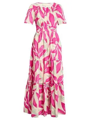 MELLODAY Short Sleeve Tiered Maxi Dress - Bone Rose Violet Leaf