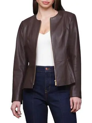 Bagatelle Genuine Leather Zip Front Peplum Jacket Chocolate