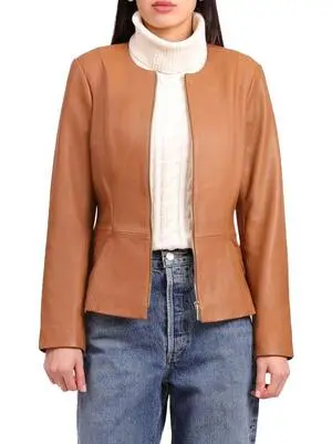 Bagatelle Genuine Leather Zip Front Peplum Jacket - Cognac