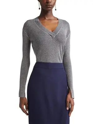 St. John Cable Stitch V-neck Sweater - Taupe/navy