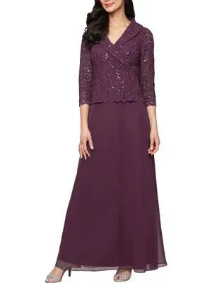 Alex Evenings Sequin Lace & Chiffon Cocktail Dress - Deep Plum