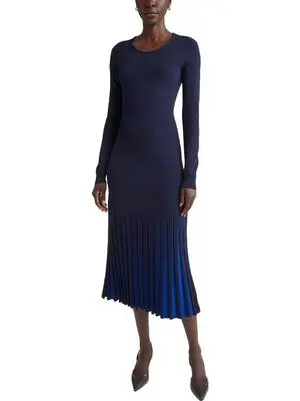 St. John Pleated Hem Long Sleeve Sweater Dress - Navy/cobalt