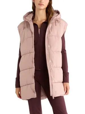 Zella Longline Hooded Puffer Vest - Pink Fawn