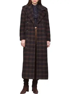 Avec Les Filles Double-breasted Tailored Maxi Coat - Navy-burgundy Plaid