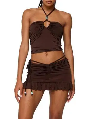 EDIKTED Beaded Halter Crop Top - Brown