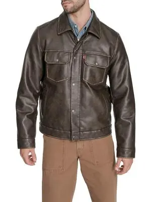 LEVI'S Relaxed Faux Leather Trucker Jacket - Brown