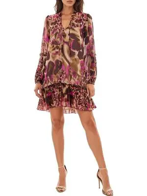 SOCIALITE Floral Print Long Sleeve Chiffon Minidress - Brown/burgundy Abstrct