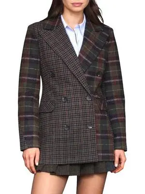 Avec Les Filles Plaid And Houndstooth Paneled Double-breasted Blazer - Olive Burgundy Plaid