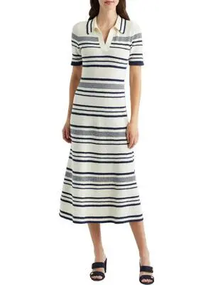 ZOE AND CLAIRE Stripe Midi Polo Sweater Dress - Navy