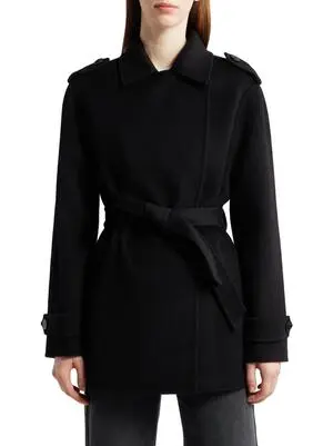 Michael Kors Double Face Wool Blend Crop Trench Coat Black