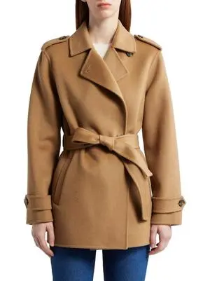 Michael Kors Double Face Wool Blend Crop Trench Coat Dark Camel