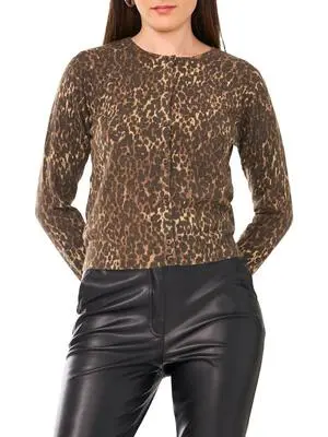 Vince Camuto Leopard Print Crewneck Cardigan - Golden Sand Heather