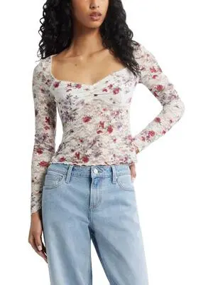 Bp. Floral Lace Top - Ivory- Red Ikat Floral