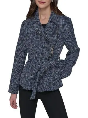 Karl Lagerfeld Paris Belted Tweed Moto Jacket - Blue Multi