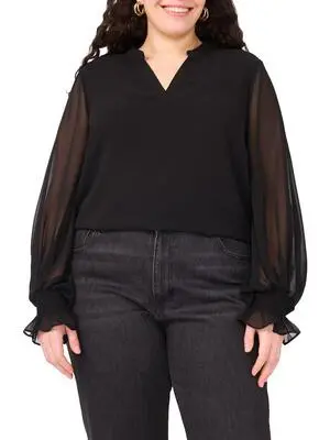 Vince Camuto Split Neck Sheer Long Sleeve Chiffon Top - Rich Black