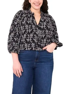 CECE DUPRAZ Floral Embroidered Ruffle Neck Top - Rich Black