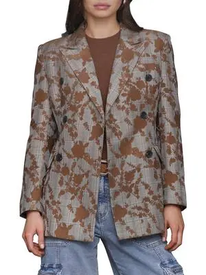 Avec Les Filles Plaid Floral Embroidered Double-breasted Blazer - Grey Plaid/brown Floral