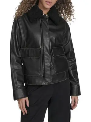 LEVI'S Faux Leather Aviator Jacket With Fleece Collar - Black/black