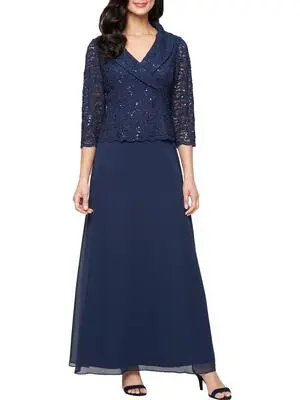 Alex Evenings Sequin Lace & Chiffon Cocktail Dress Navy