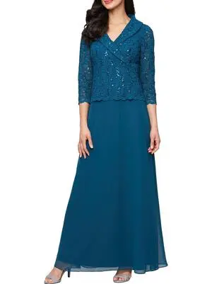 Alex Evenings Sequin Lace & Chiffon Cocktail Dress - Peacock