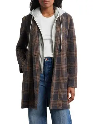 THREAD & SUPPLY Plaid Coat With Removable Bib Hoodie Black Copper Combo